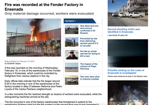 Fender Ensenada factory catches Fire - gearnews.com