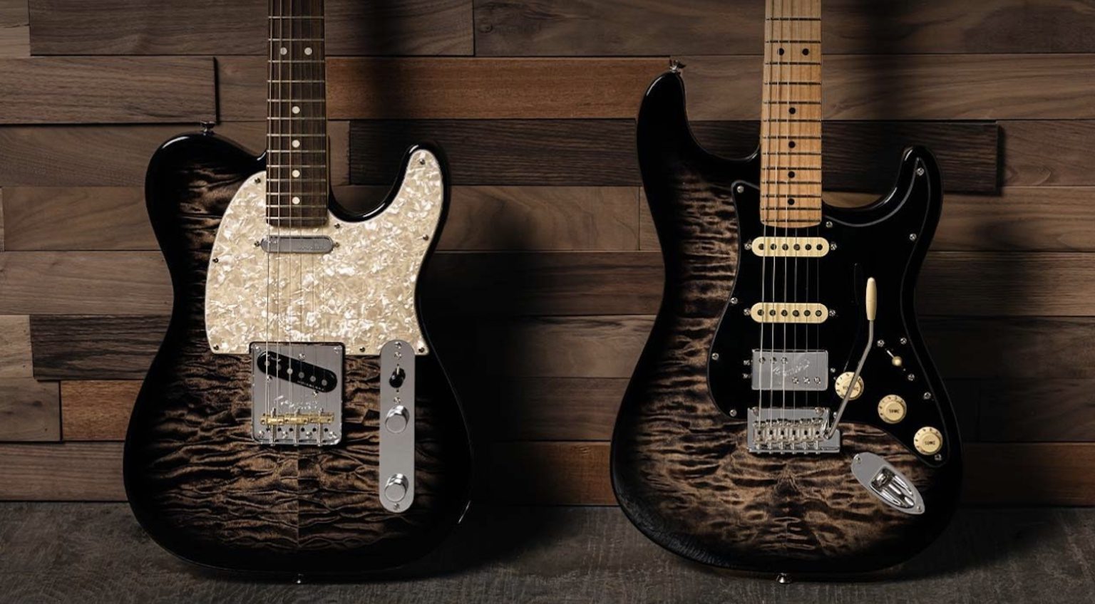 Fender Mod Shop add Ebony Burst highly figured quilted maple tops ...